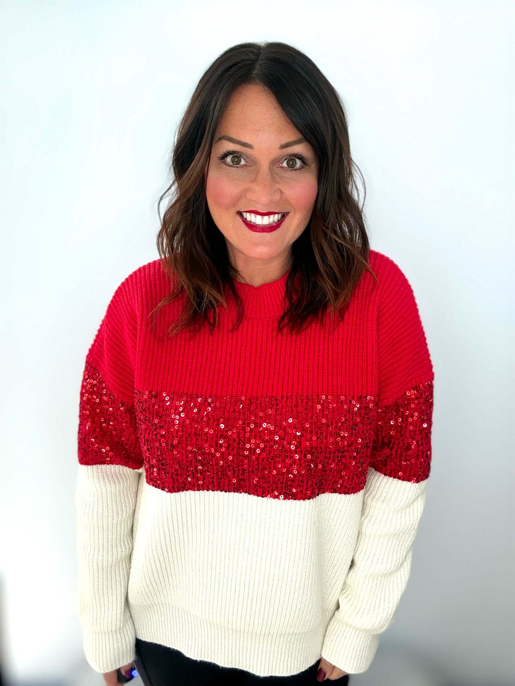 Sequin Sweater -Candy Apple – Dana's Dream Boutique